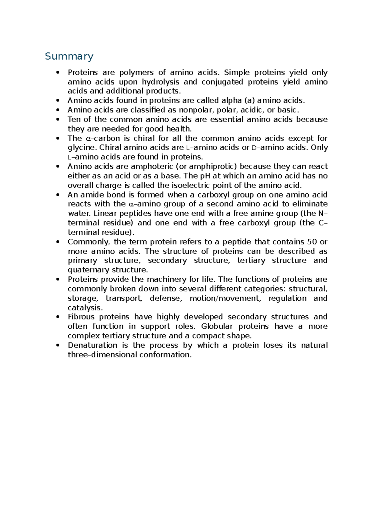 Summary of Proteins: Structure, Function, and Classification (CHEM101 ...