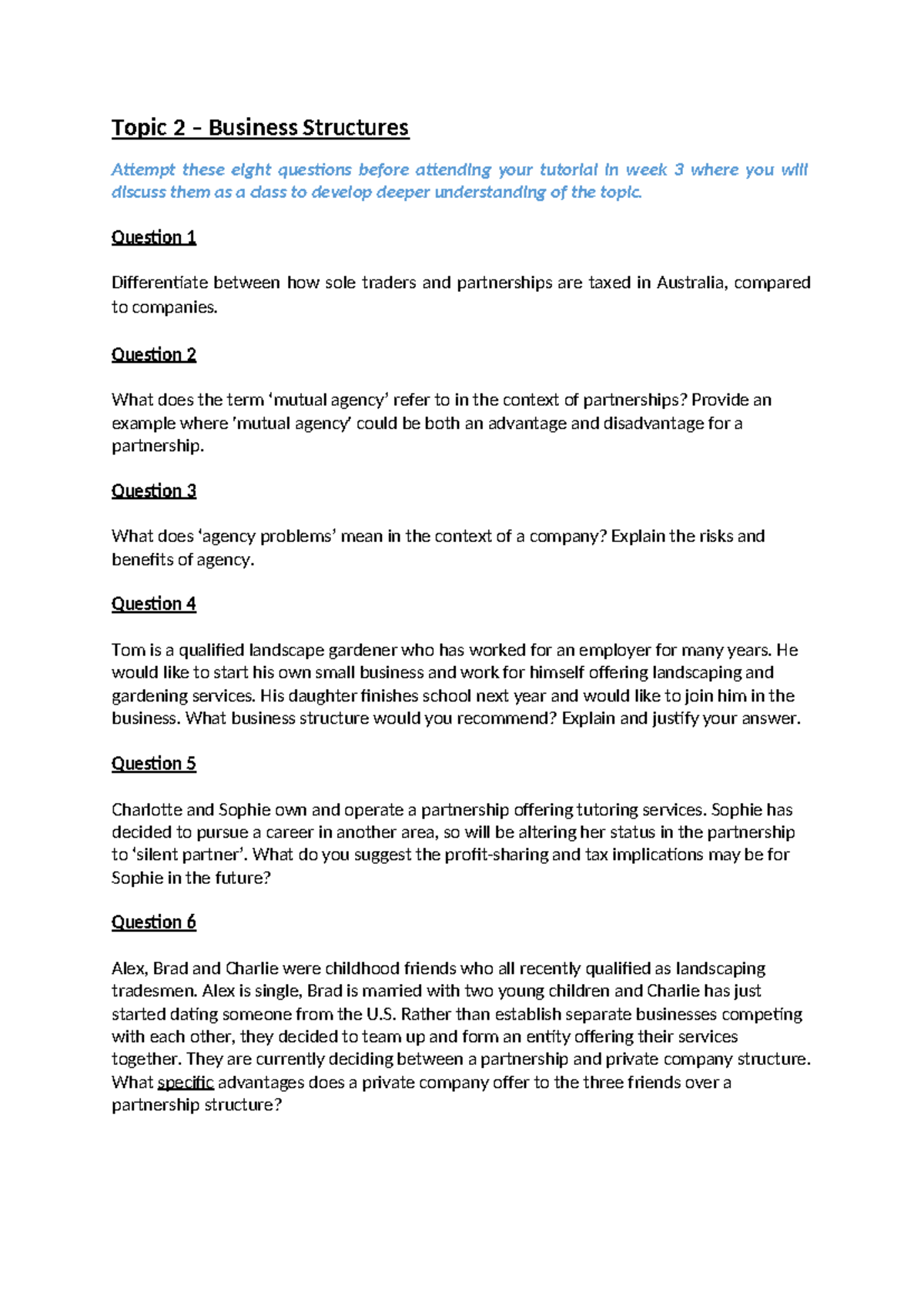 Topic 2 Tutorial Questions - Topic 2 – Business Structures Attempt ...