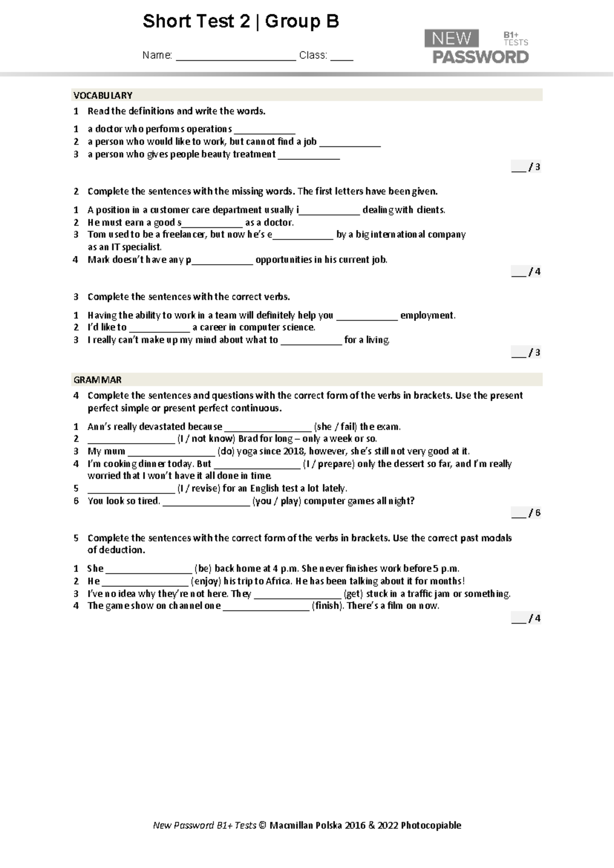 B1+ ST 2B | Vocabulary & Grammar Practice Test - Studocu