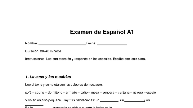 Examen de Español A1 - Práctica y Ejercicios - Studocu