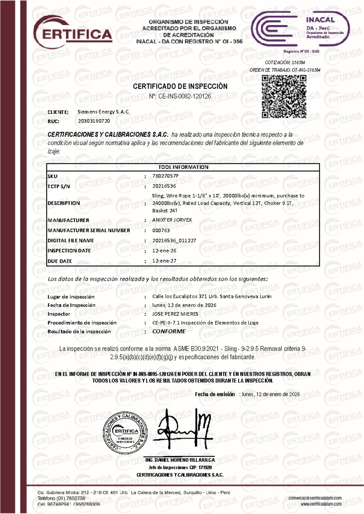 Informe de Inspección Visual de Eslinga de Cable de Acero - S18364 ...