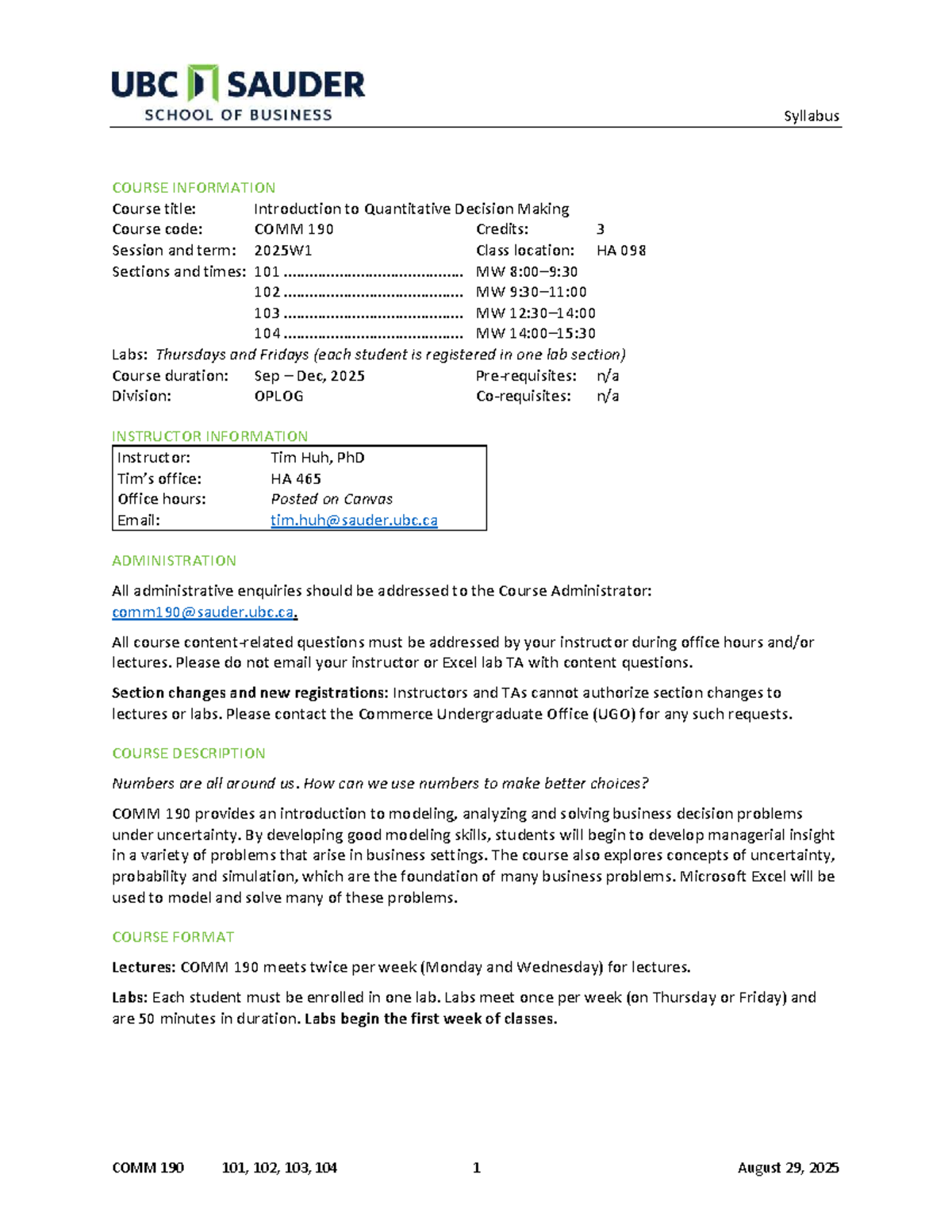 Syllabus for COMM 190: Introduction to Quantitative Decision Making ...
