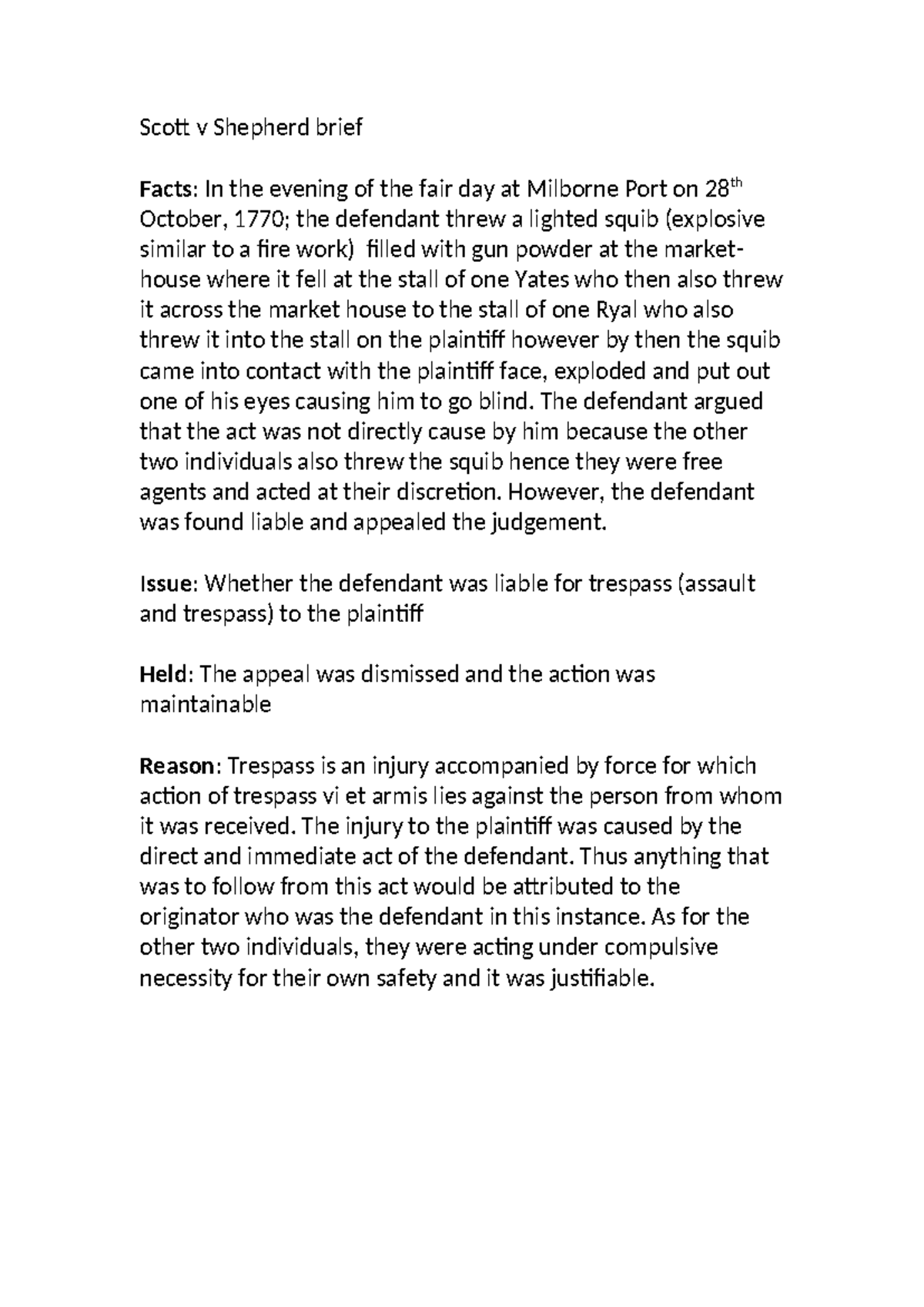 Scott v Shepherd: Legal Brief Analysis on Liability in Trespass - Studocu