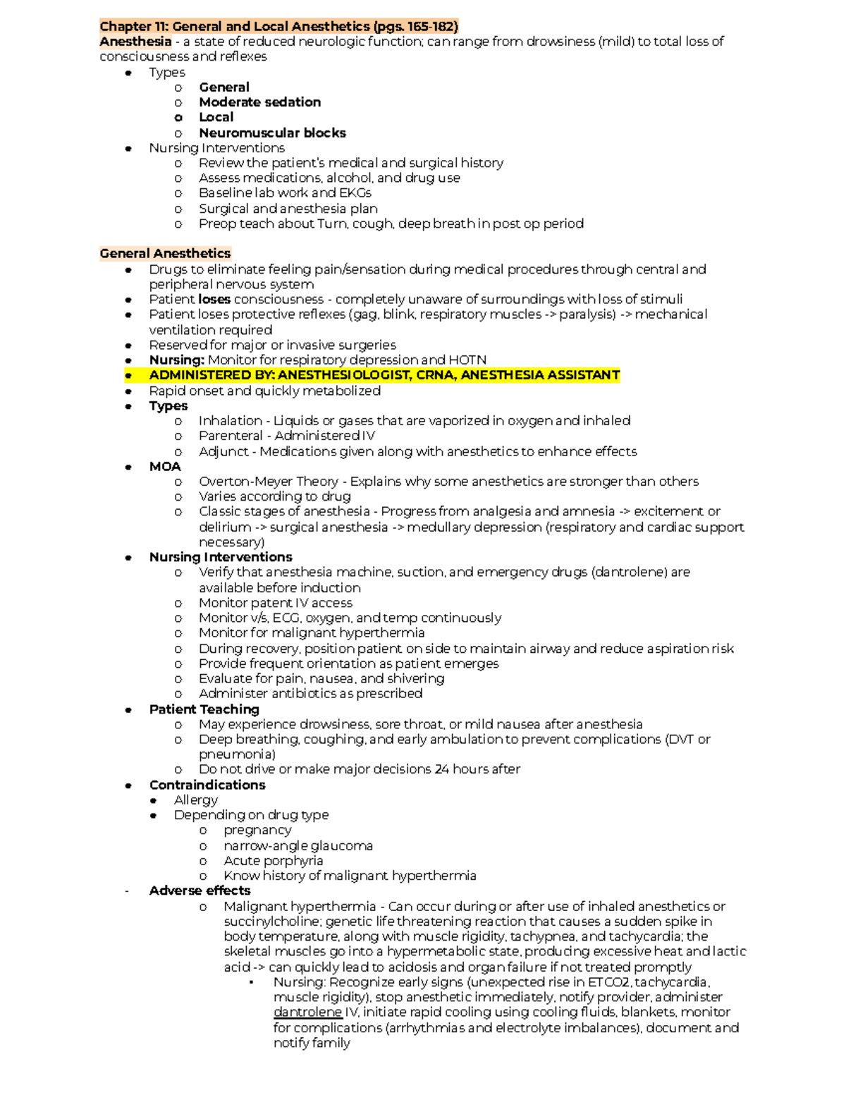 Chapter 11: General and Local Anesthetics Overview - Studocu