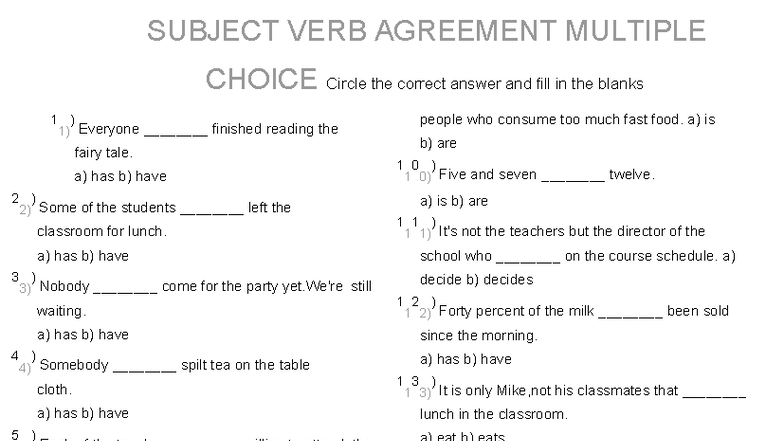 Subject-Verb Agreement MCQ Worksheet for Practice - Studocu