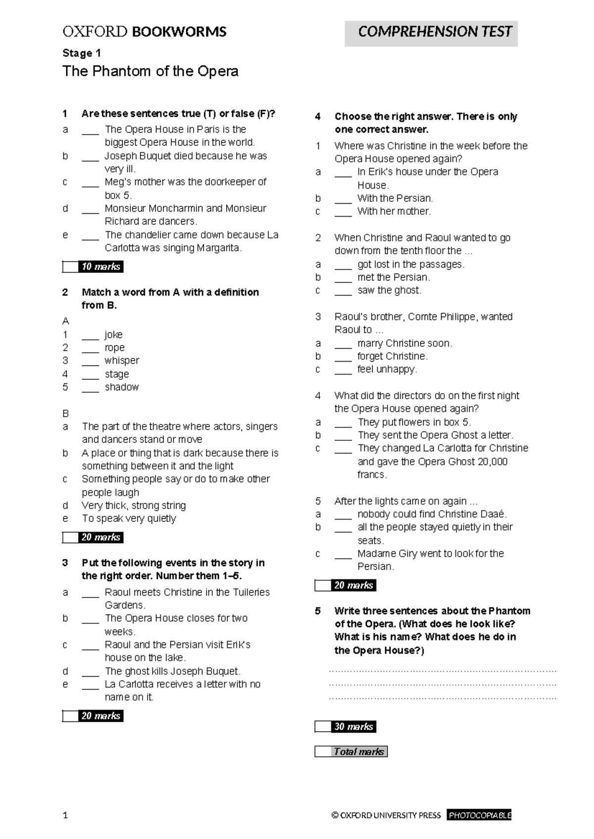 Oxford Bookworms: Comprehension Test on The Phantom of the Opera - Studocu