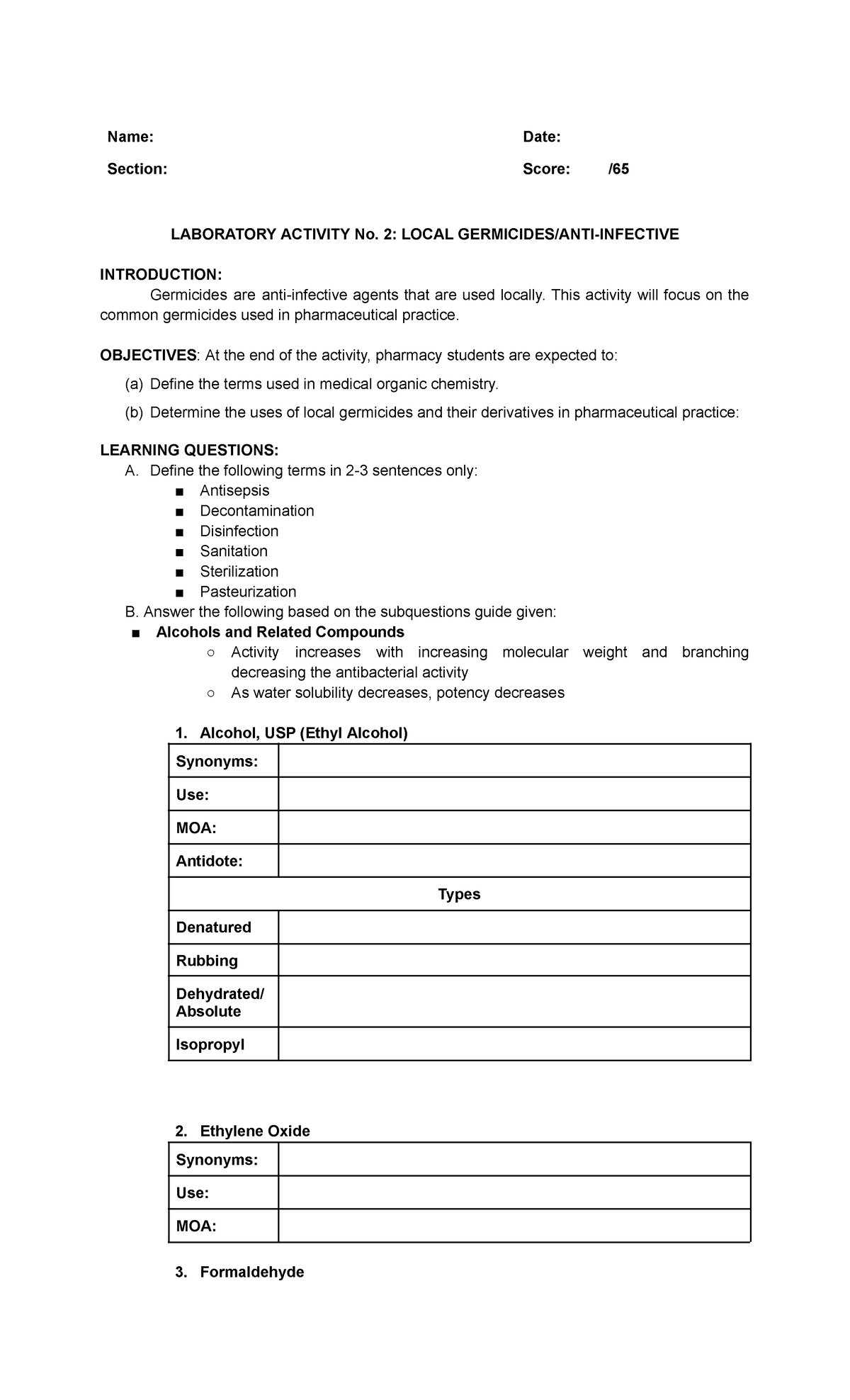 Laboratory Activity 2 Medicinal Organic Chemistry - Name: Date: Section ...
