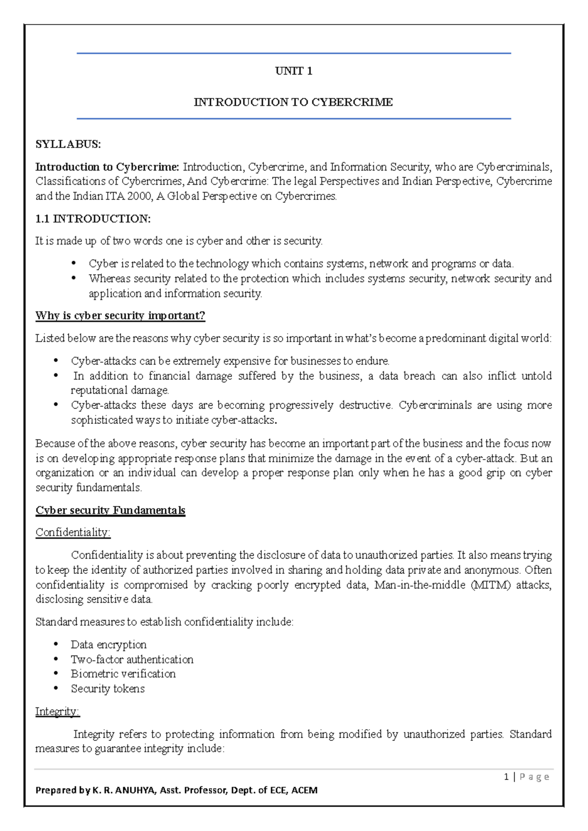 CS UNIT 1 - Introduction to Cybercrime and Information Security Syllabus - Studocu