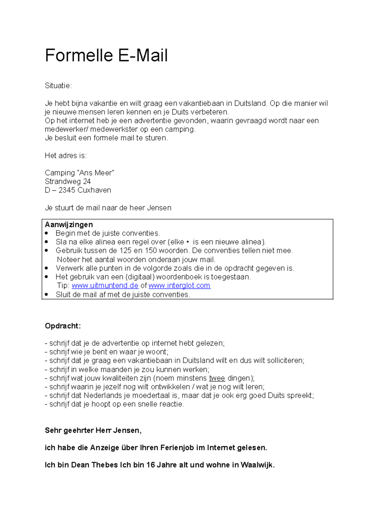 PTA Schreiben 2 H4: Formele E-Mail voor Vakantiebaan in Duitsland ...