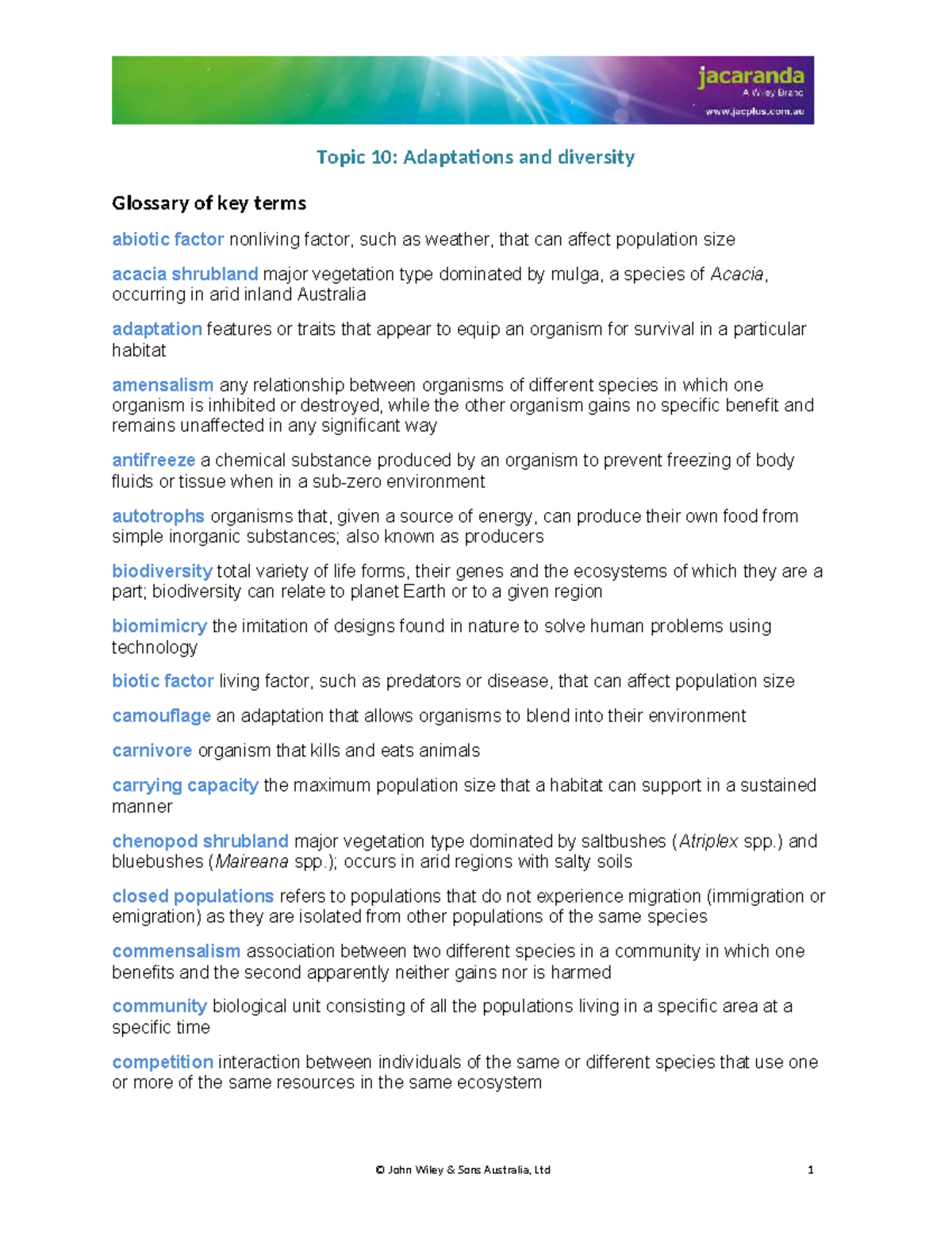 Topic 10: Adaptations and Diversity - Key Terms Glossary - Studocu