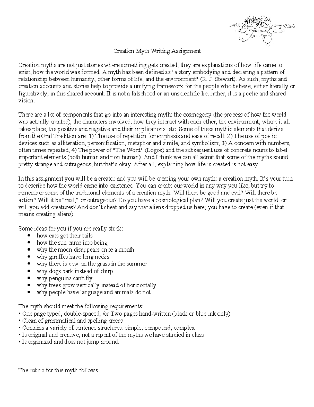 Creation Myth Writing Assignment Guidelines - Studocu