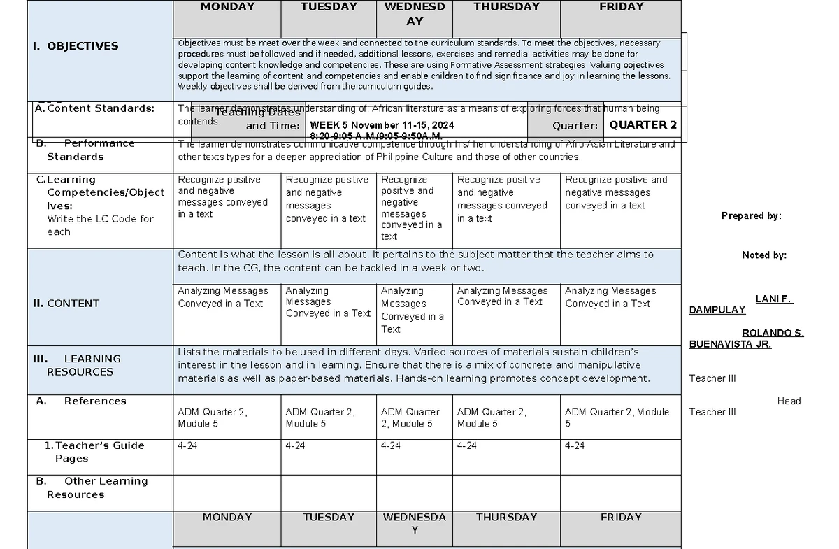 DLL in English 8 Q2 Week 3: National High Standards & Objectives - Studocu