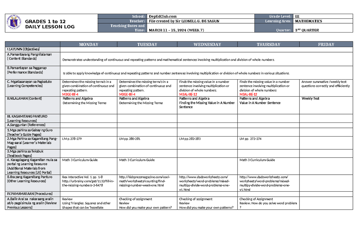 DLL Math 3 Q3 Week 7: Patterns, Algebra, and Assessment Plans - Studocu