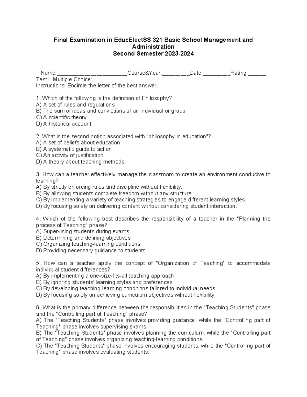 Final Exam in Educ Elect SS 321: Basic School Management & Admin - Studocu