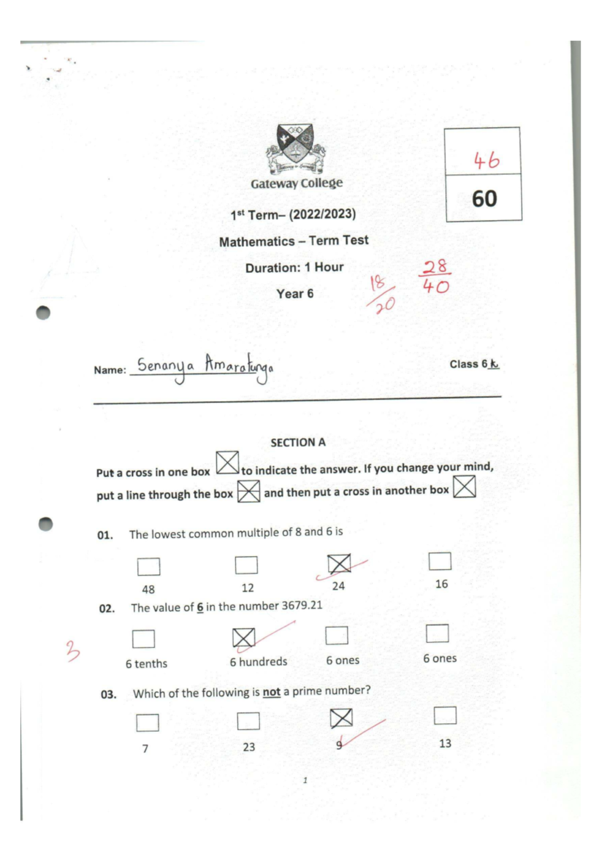 46 Gateway College Year 6 1st Math Term Test - Duration 1 Hour - Studocu