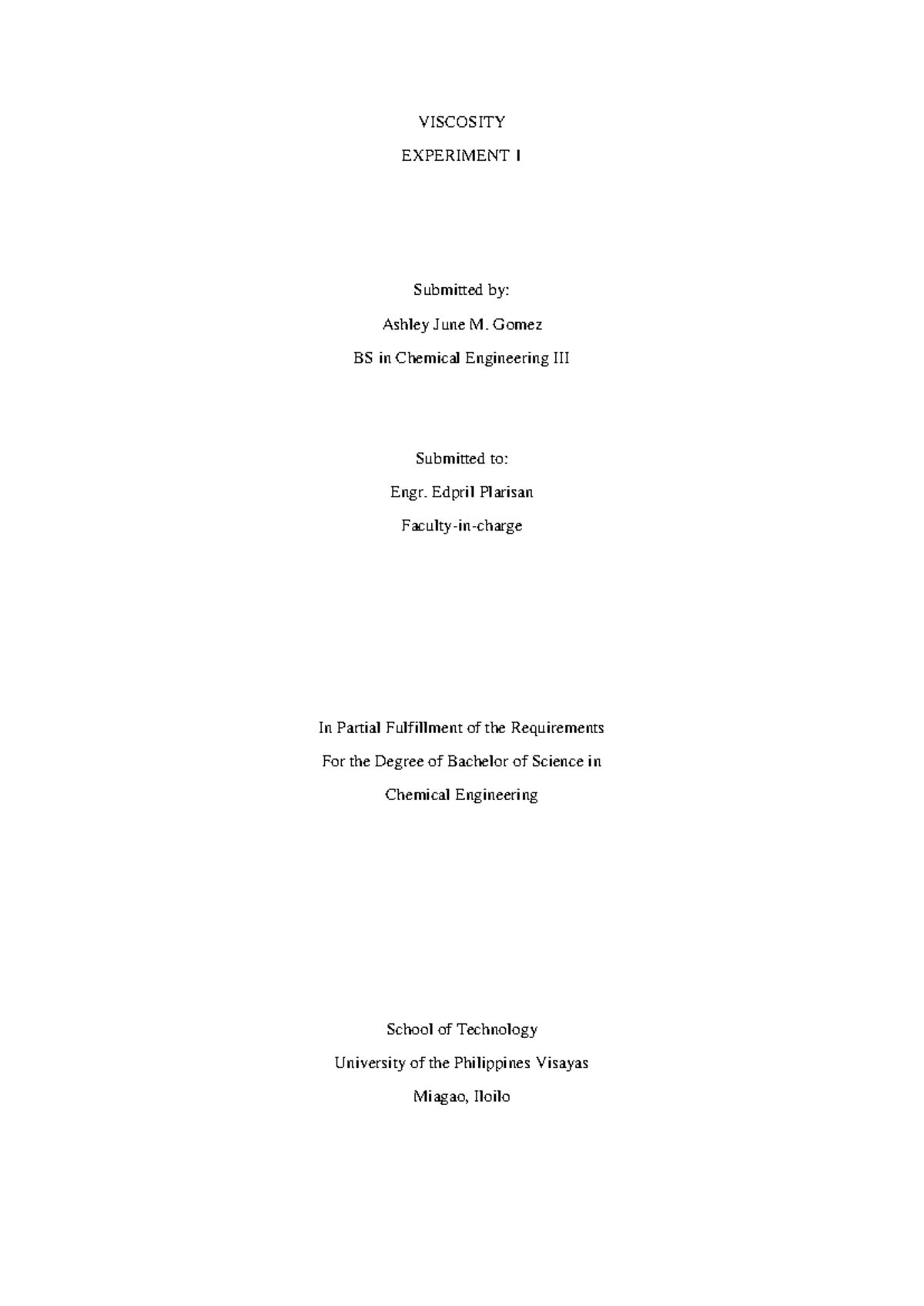 Viscosity Laboratory Report: Experimental Results on Acetone (ChE Lab ...