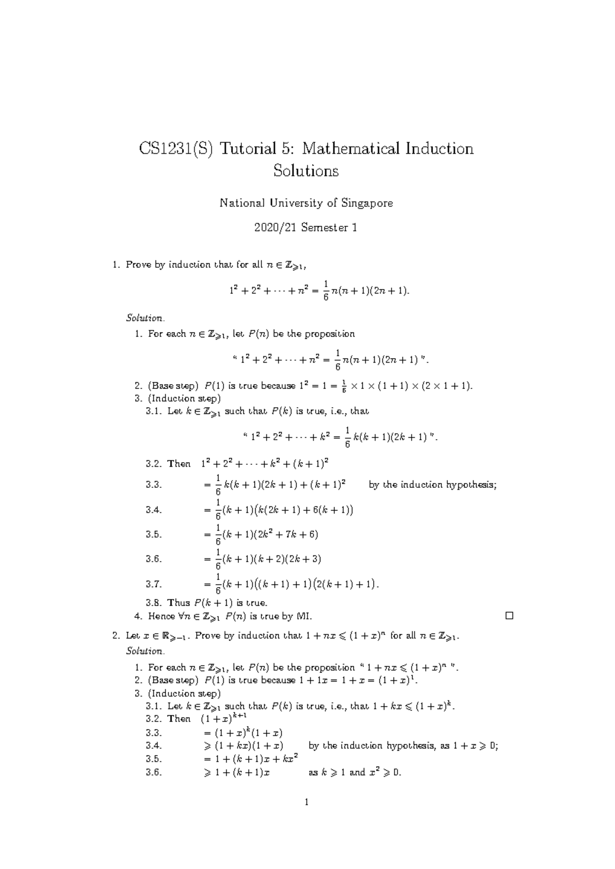 Tut05ans post - Mathematical Induction Question and Answer - CS1231(S) Tutorial 5: Mathematical ...