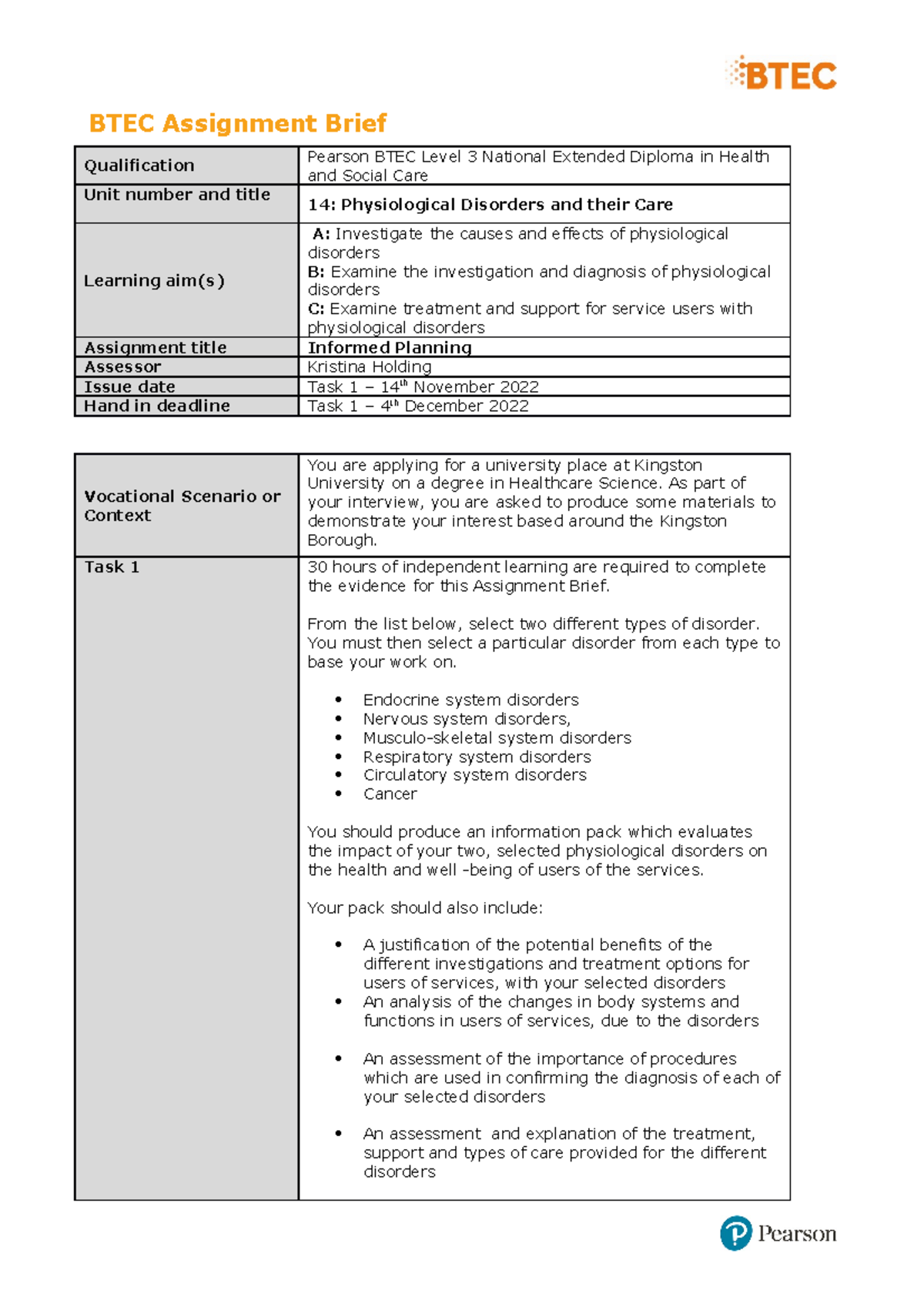 Unit 14 Assignment 1 Brief 2022-23 - BTEC Assignment Brief Qualification Pearson BTEC Level 3 ...