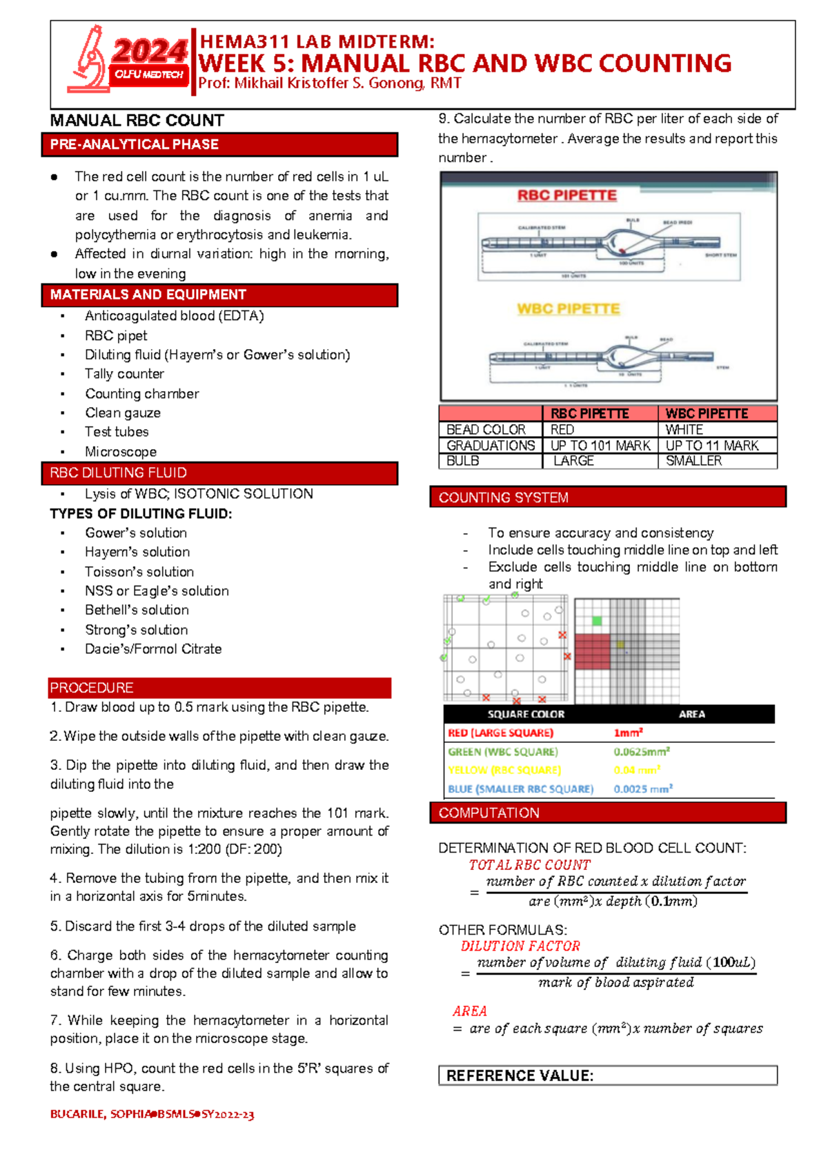 HEMA311 Lab Midterm: Manual RBC and WBC Counting Notes - Studocu