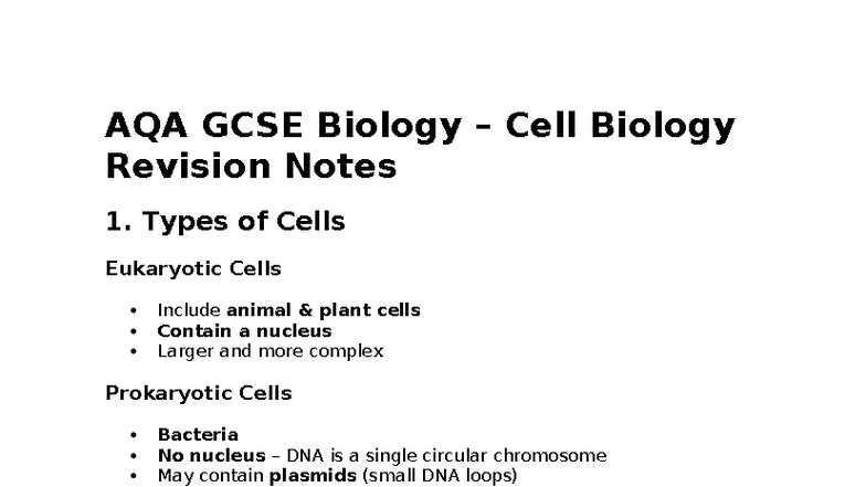AQA GCSE Biology Cell Biology Revision Notes: Types & Structures - Studocu