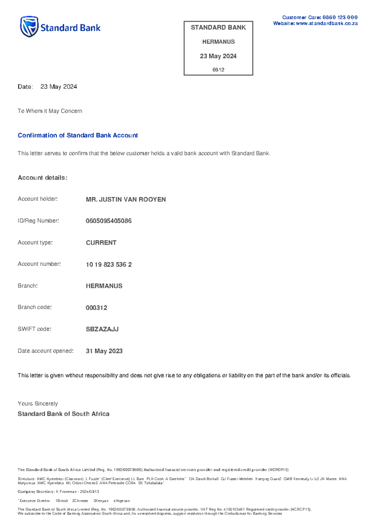 SBSA Confirmation Letter 2024-05-23 - Customer Care: 0860 123 000 ...