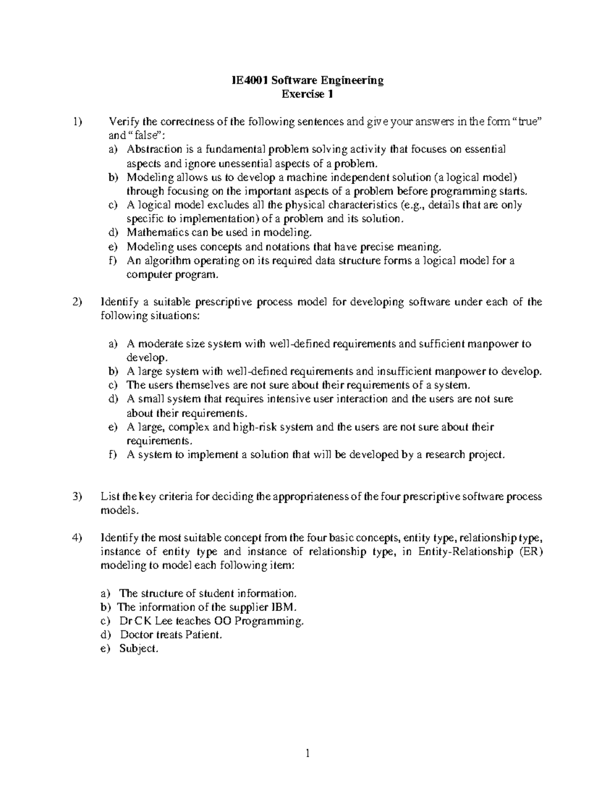 IE4001 Software Engineering Exercises Summary and Solutions - Studocu