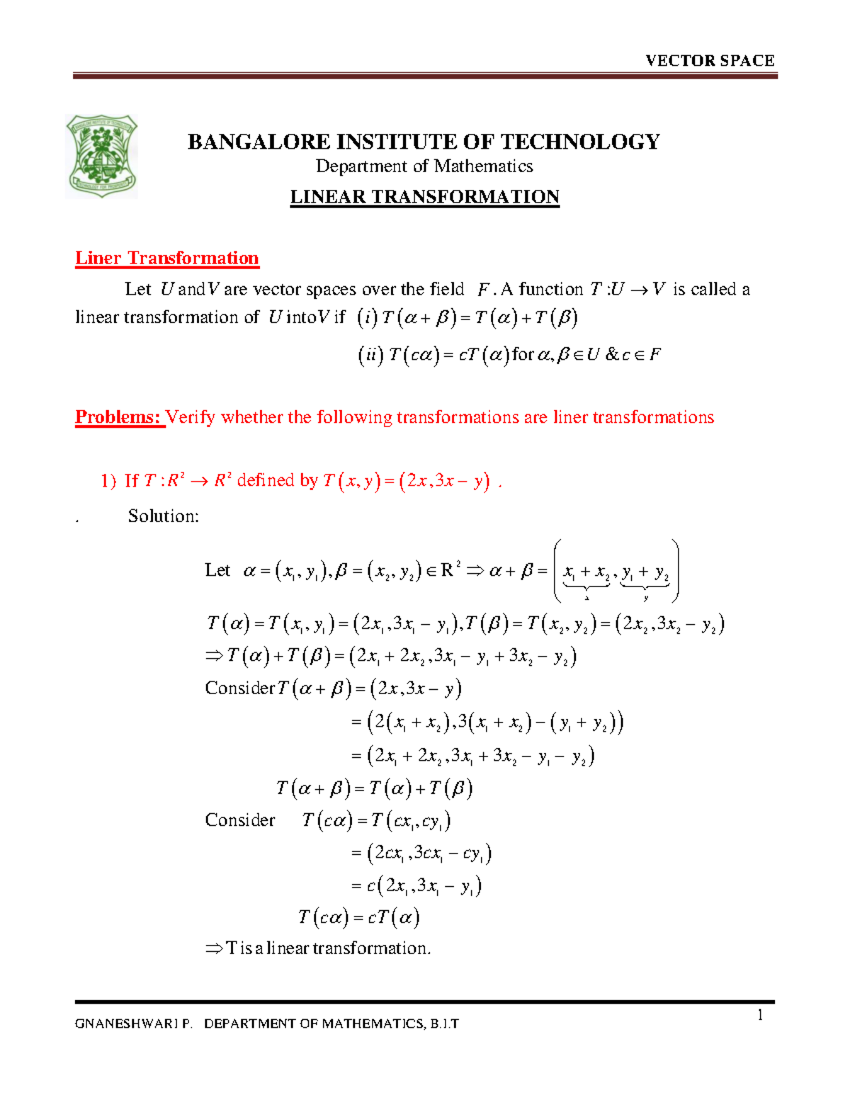 Linear Transformations in Mathematics: Concepts & Problems - Studocu