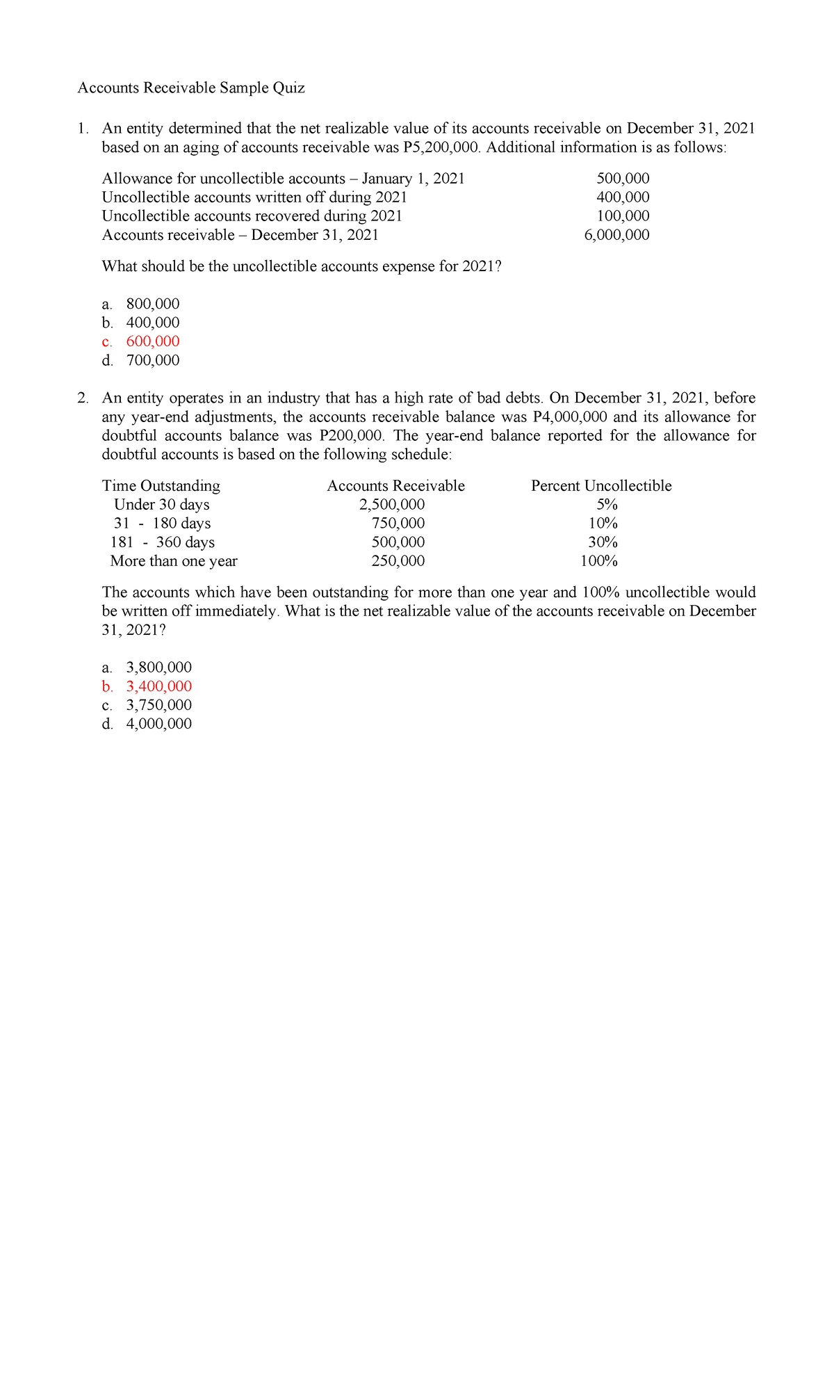 AR Sample Quiz 1: Accounts Receivable Net Realizable Value Analysis ...