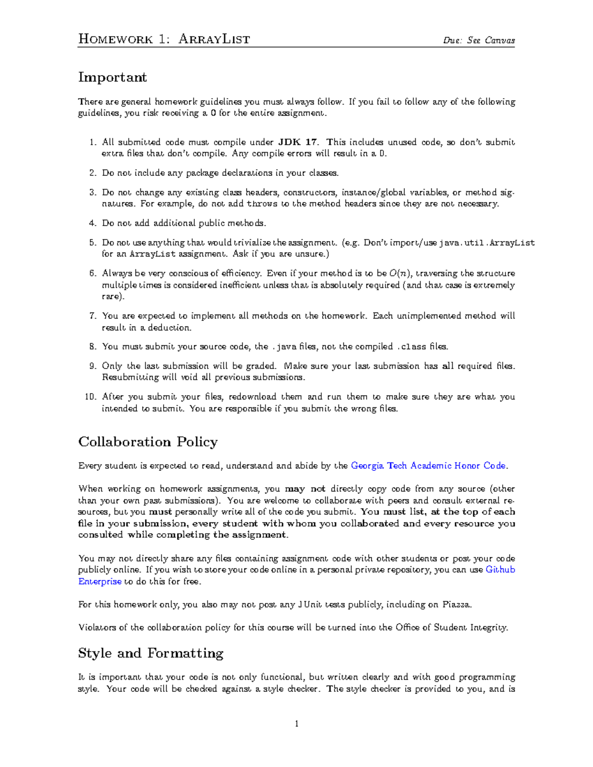 CS 1332 Homework 1: ArrayList Guidelines and Requirements - Studocu