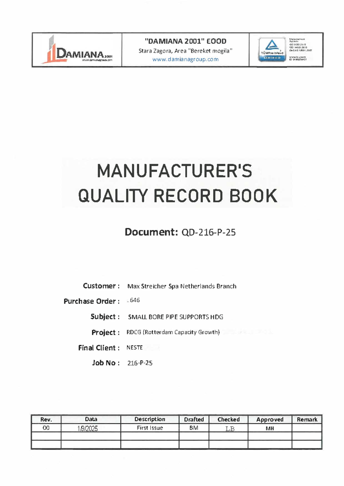 Quality Record Book for Project RDCG - Max Streicher (QD-216) - Studocu