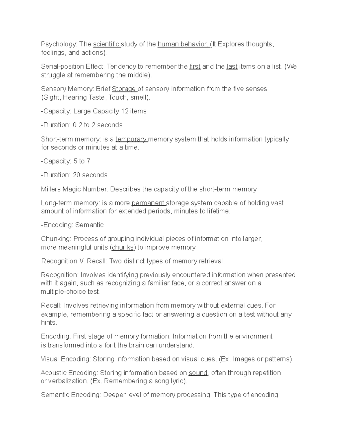 Psychology 101: Memory Processes and Brain Functions Overview - Studocu