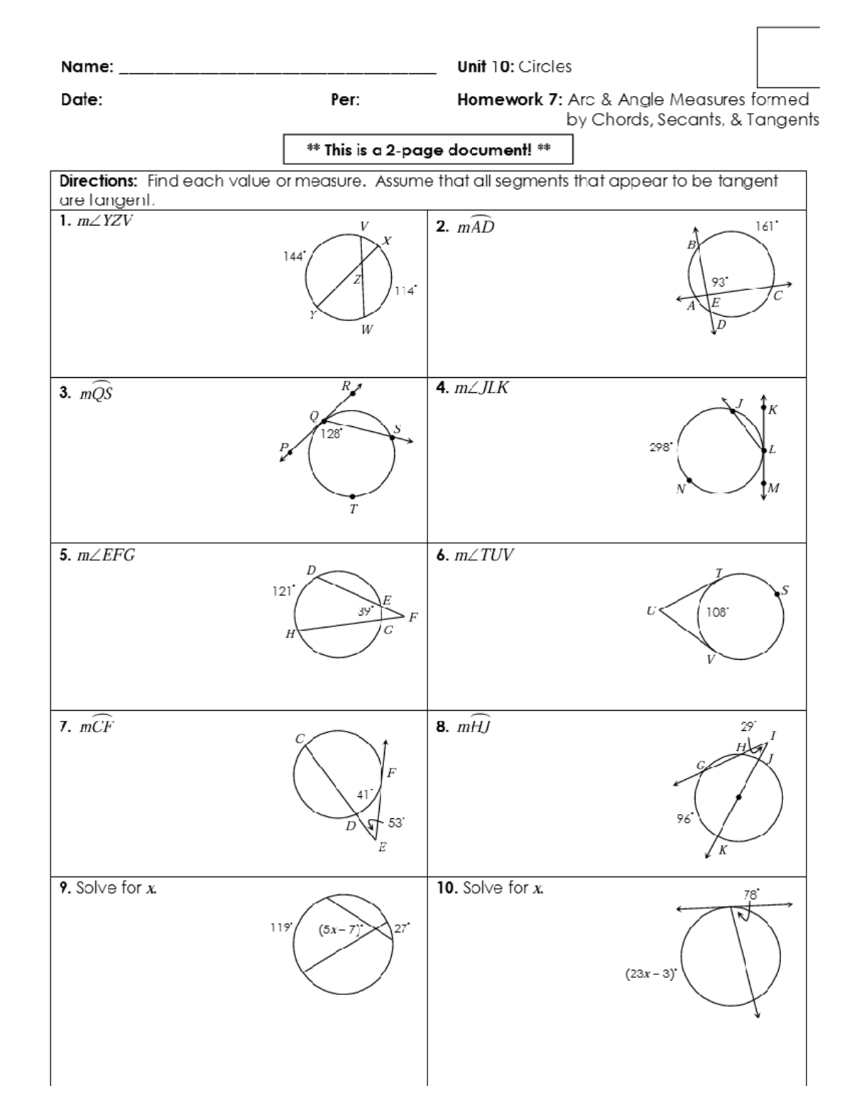 Unit 10: HWK 7 - Arc Angle Measures with Chords & Tangents - Studocu