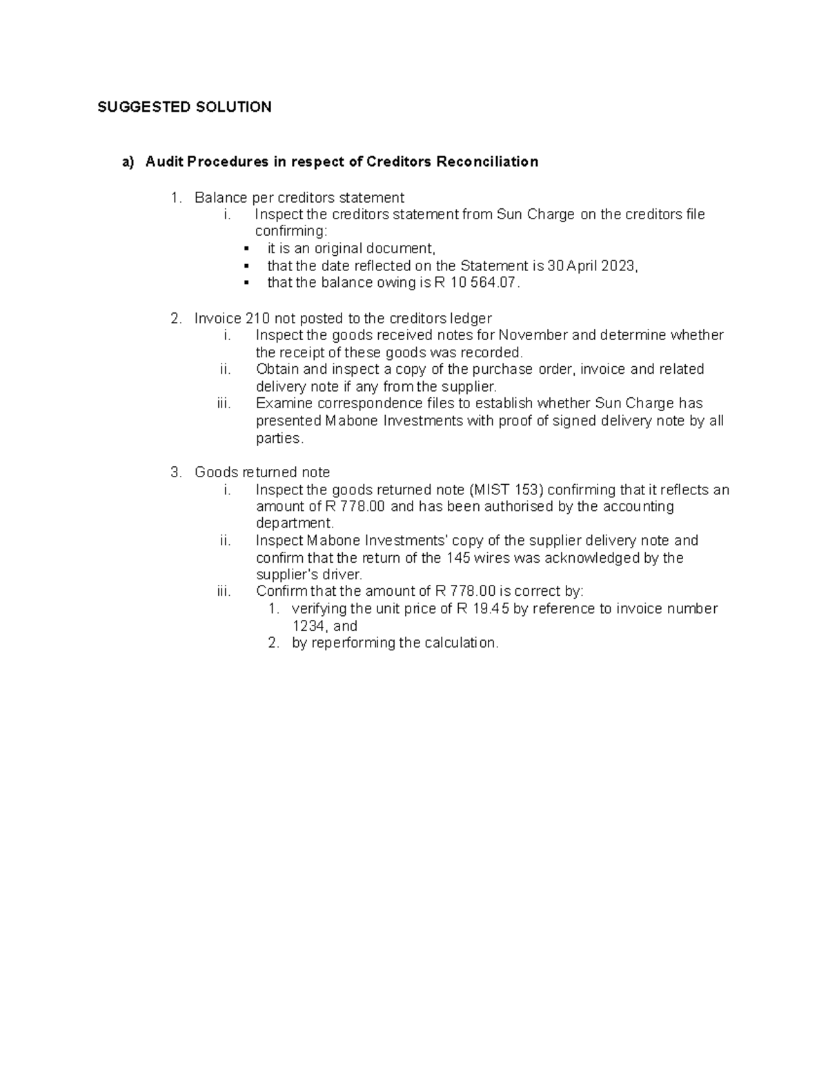 Creditors Reconciliation Audit Procedures - Suggested Solutions - Studocu