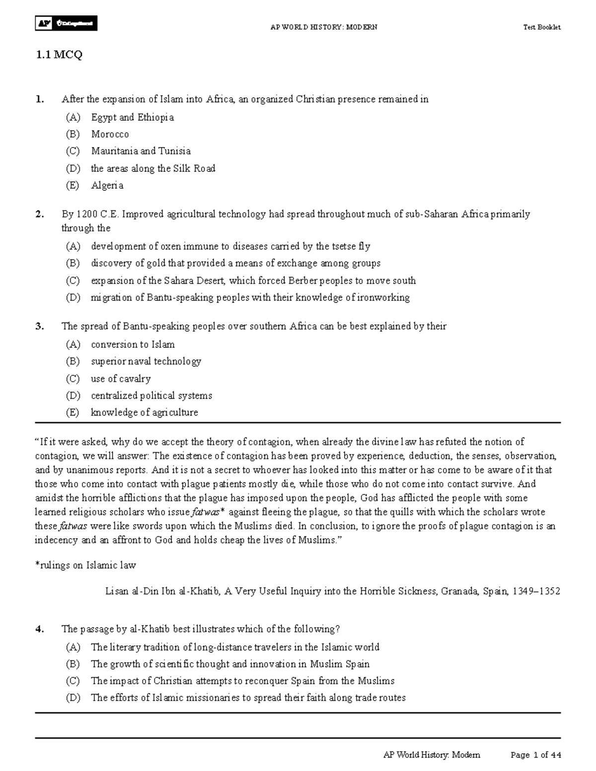 AP WORLD HISTORY: MODERN Test Booklet 1.1 MCQ Review - Studocu