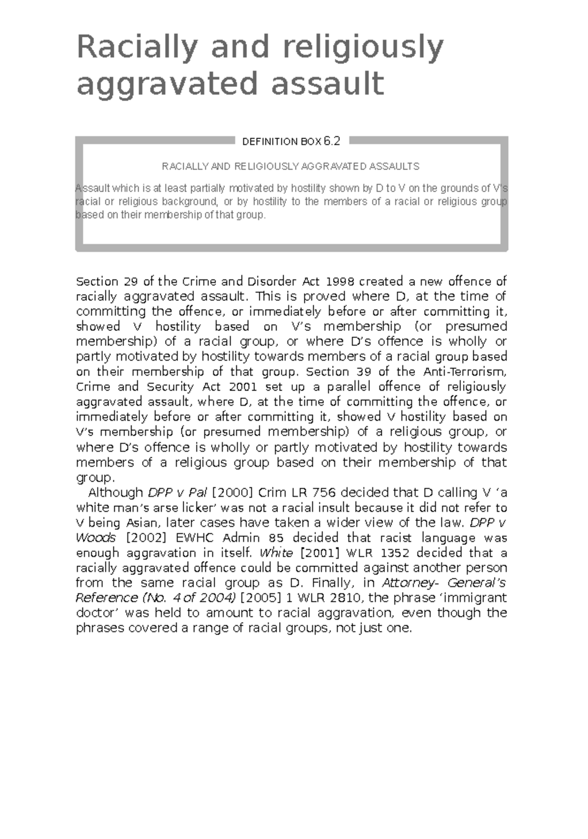 CL 12 Racially and religiously aggravated assault - DEFINITION BOX 6 ...