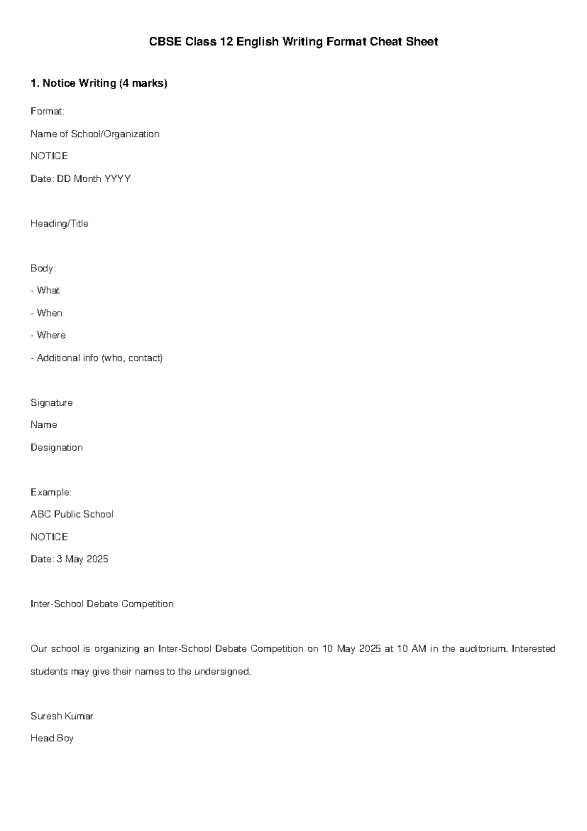 CBSE Class 12 English Writing Formats: Notice, Letter, Report - Studocu