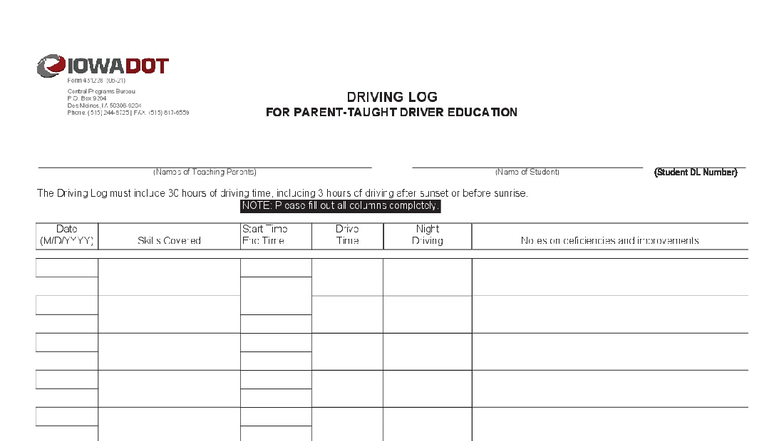 Driving Log for Driver Education (310WADOT Fam 4231228) - Studocu