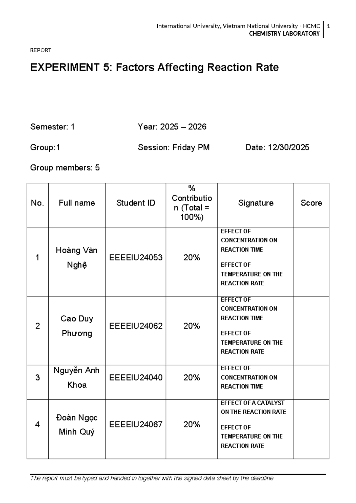 CHEM 21305 Lab Report: Factors Influencing Reaction Rates - Studocu