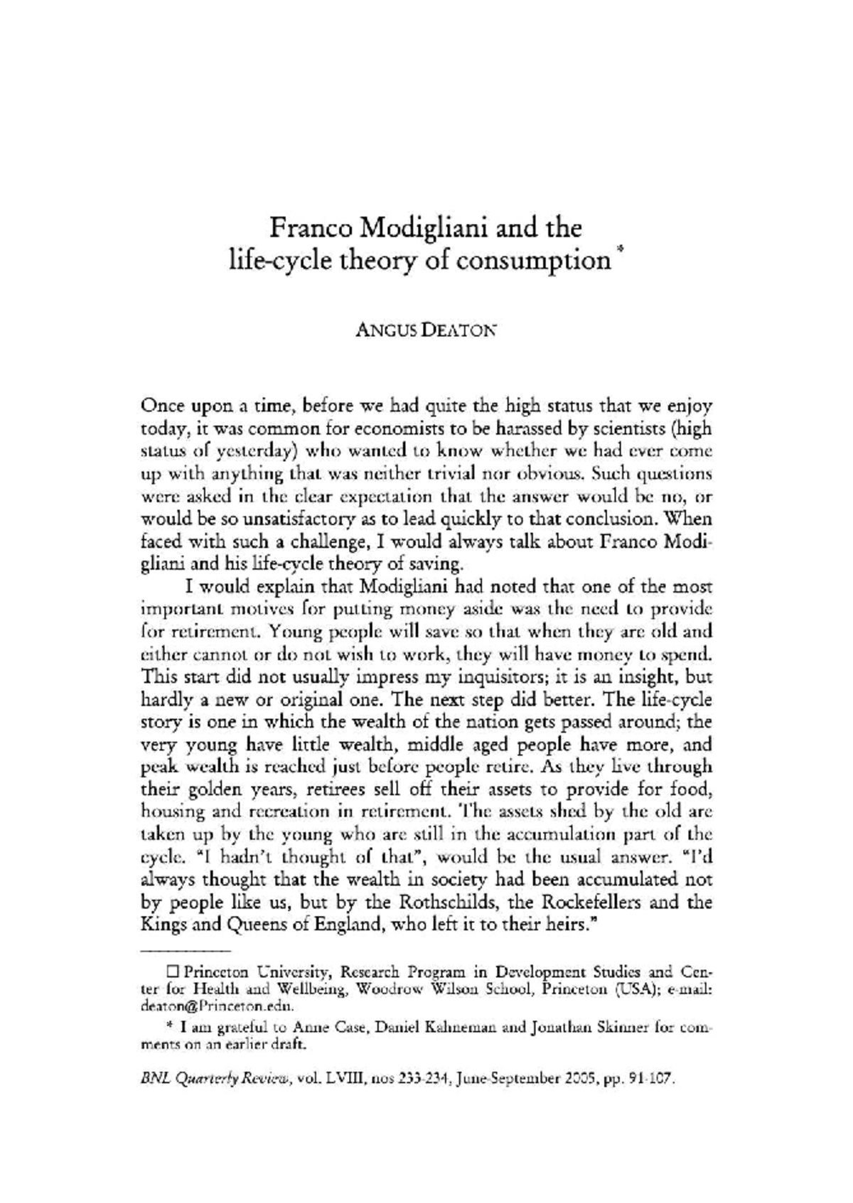 Franco Modigliani and the Life-Cycle Theory of Consumption Analysis ...