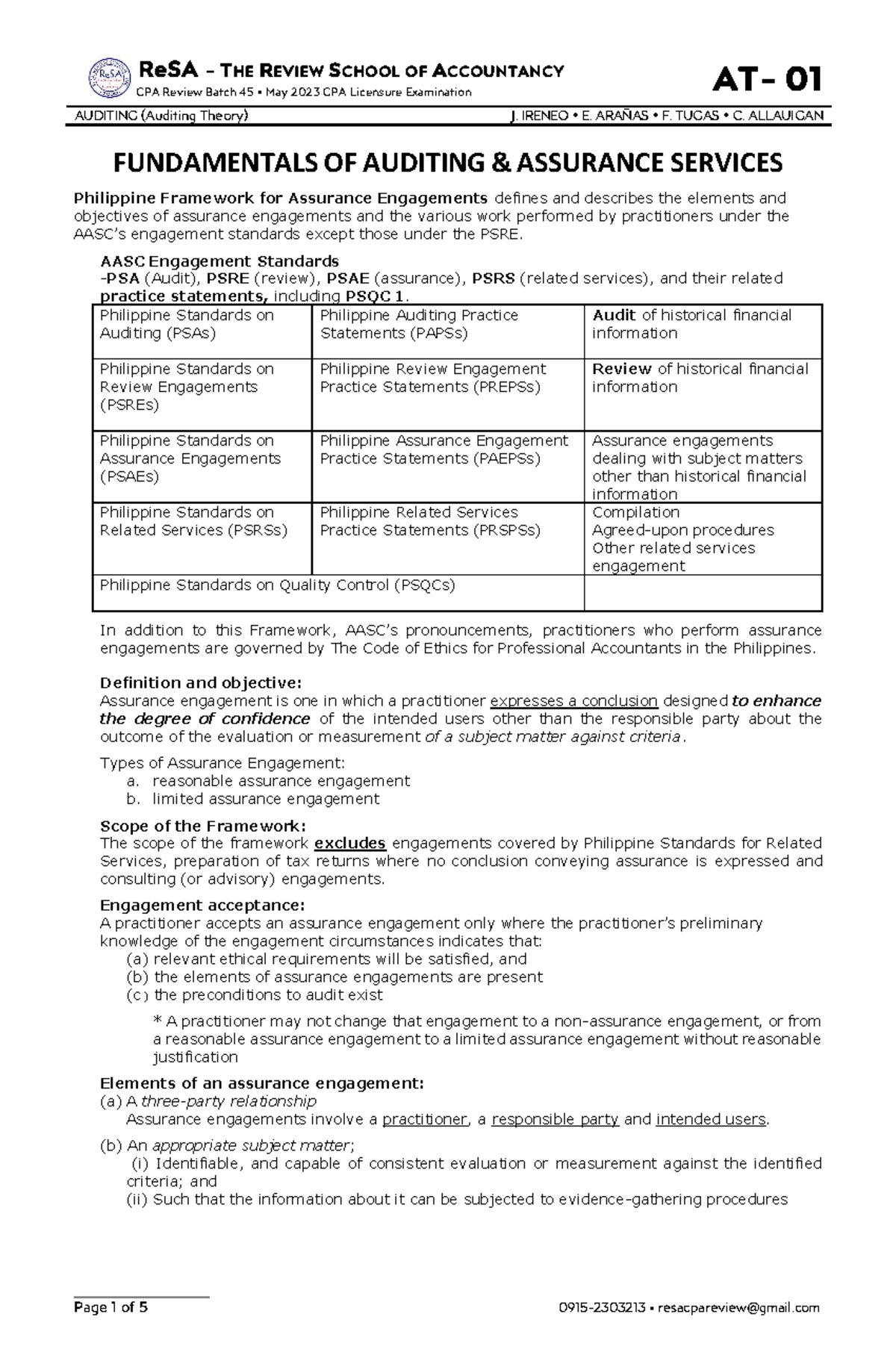 ReSA THE REVIEW SCHOOL OF ACCOUNTANCY CPA Review Batch 45 May 2023 Auditing - Studocu