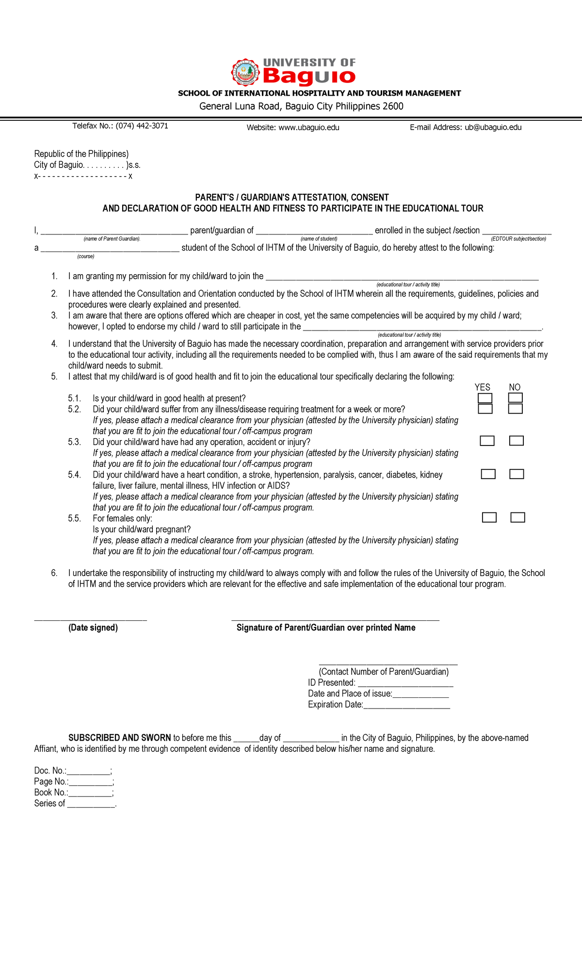 Sihtm Edtour Form 001 Notarized Parent's or Guardian's Attestation ...