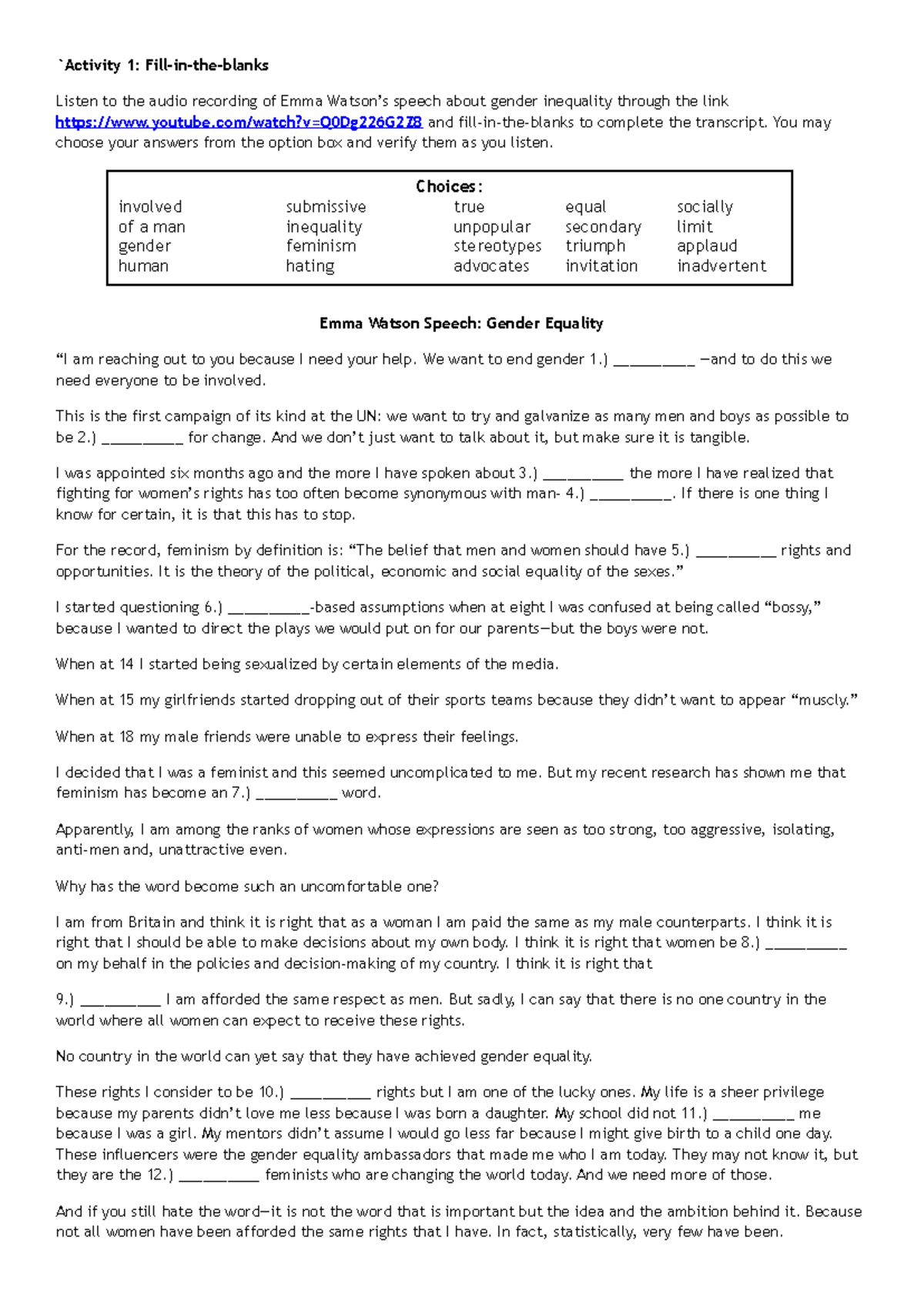 MELC 1 - Emma Watson's Speech on Gender Inequality Transcript - Studocu