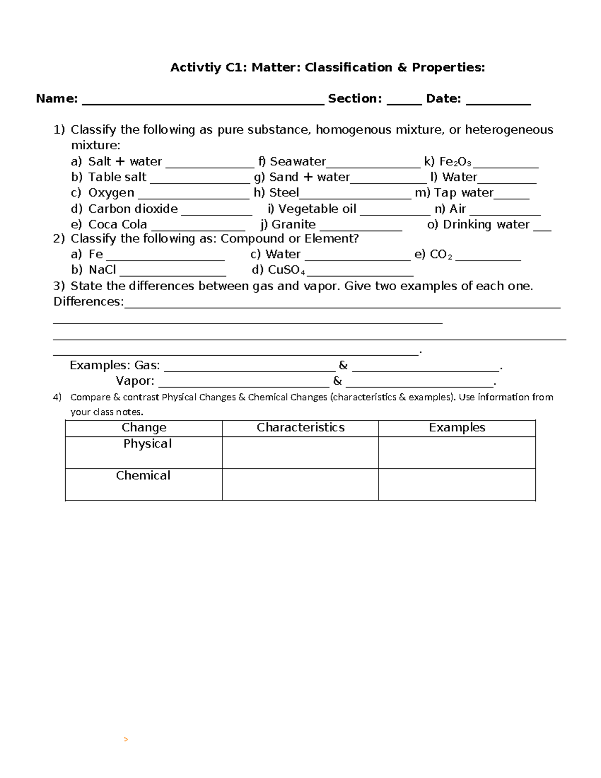 Activity C1: Matter Classification & Properties Analysis - Studocu