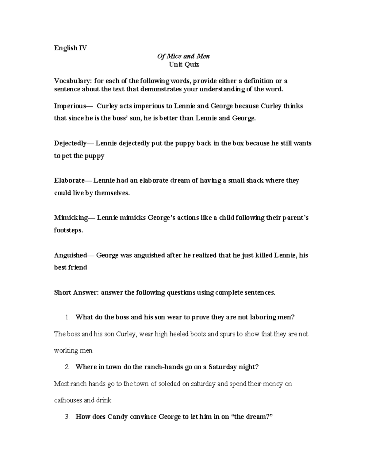 ENG IV Of Mice and Men Unit Quiz: Vocabulary, Short Answers & Analysis ...