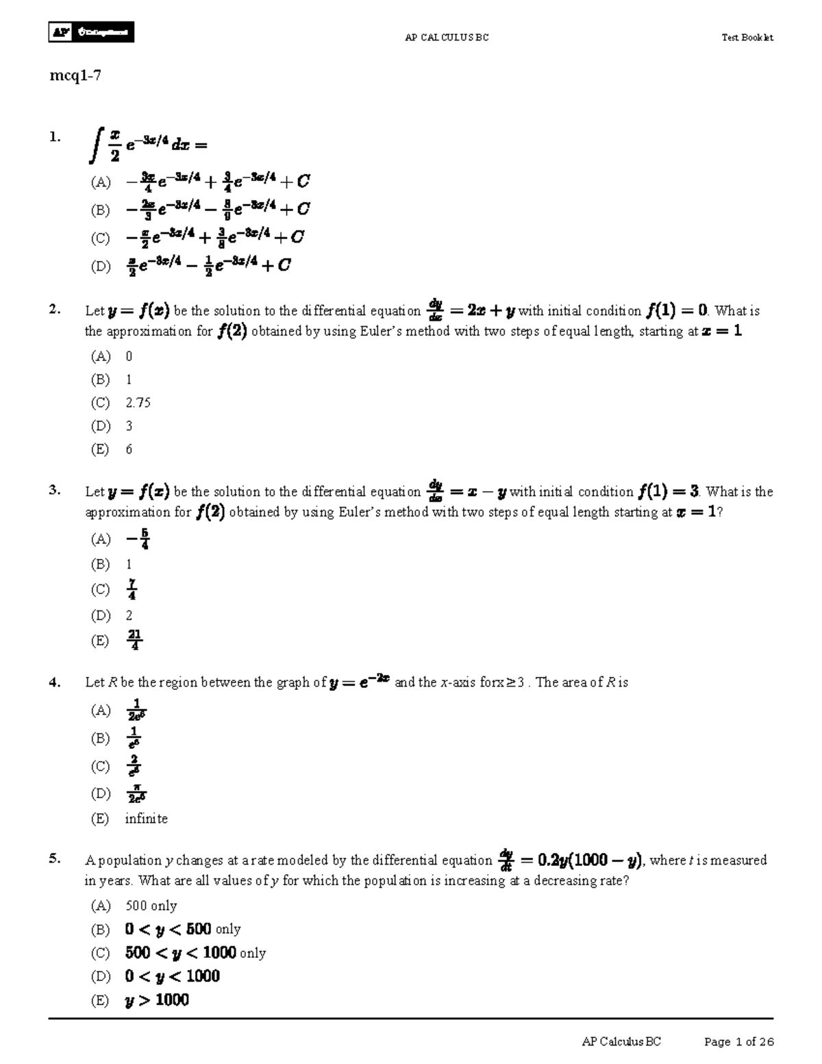 AP CALCULUS BC Test Booklet 1: Multiple Choice Questions - Studocu