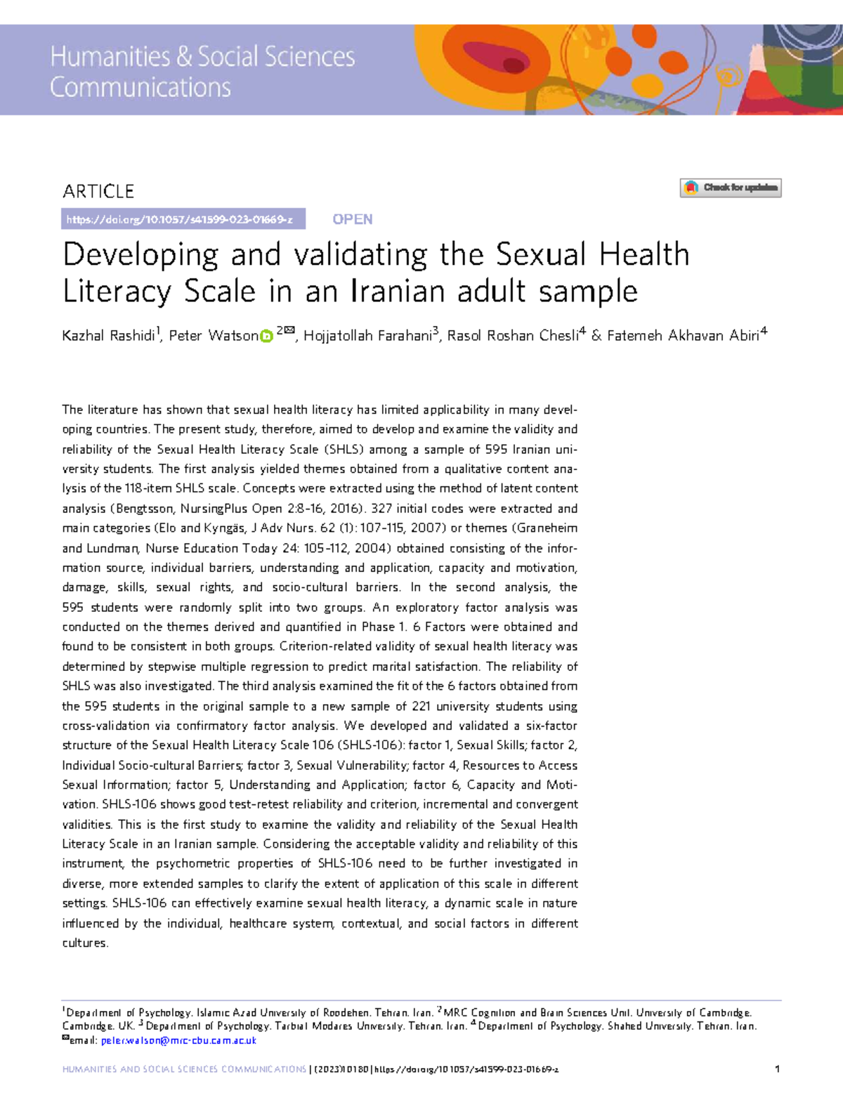 Developing the Sexual Health Literacy Scale (SHLS) in Iran: Validation ...