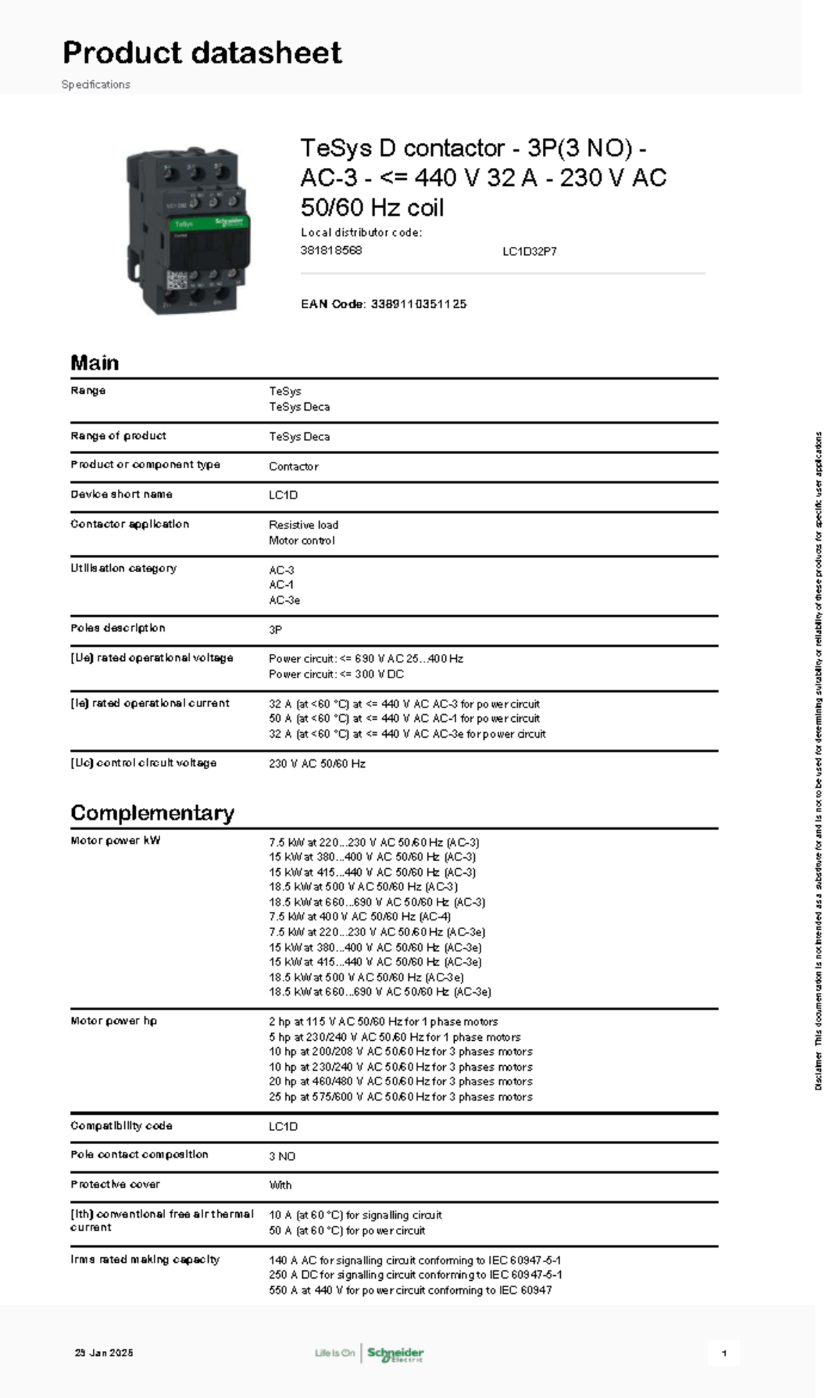 Product Data Sheet for TeSys D Contactor LC1D32P7 Specifications - Studocu