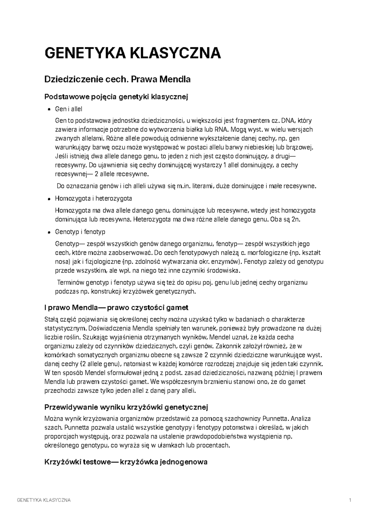 GENETYKA KLASYCZNA: Dziedziczenie cech i Prawa Mendla - Studocu