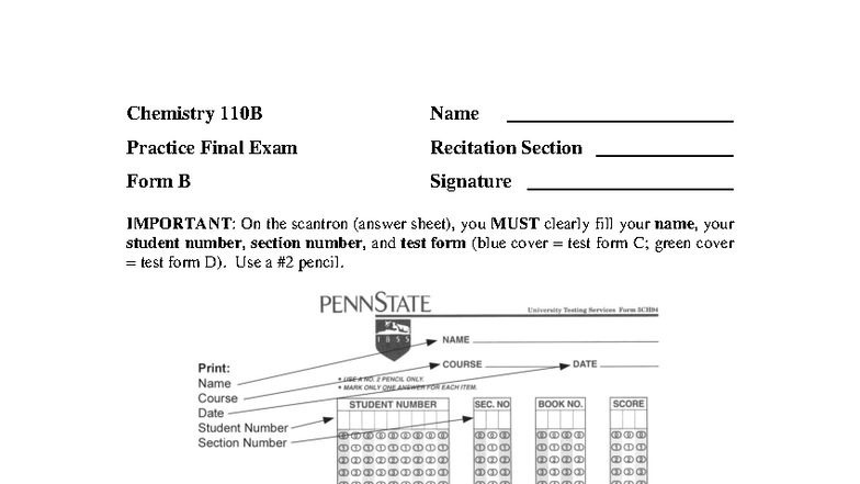 CHEM 110B Practice Final Exam Form B Guide - Studocu