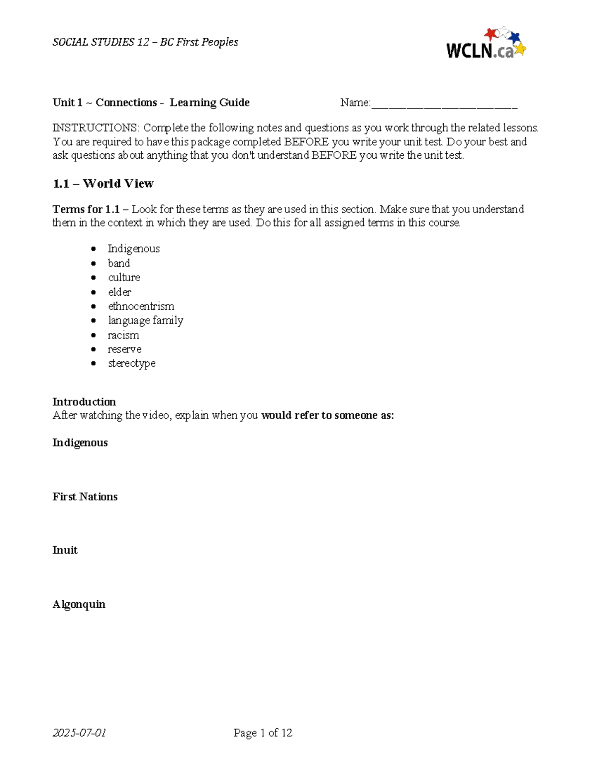 SOCIAL STUDIES 12 BC First Peoples Unit 1 Learning Guide & Notes - Studocu